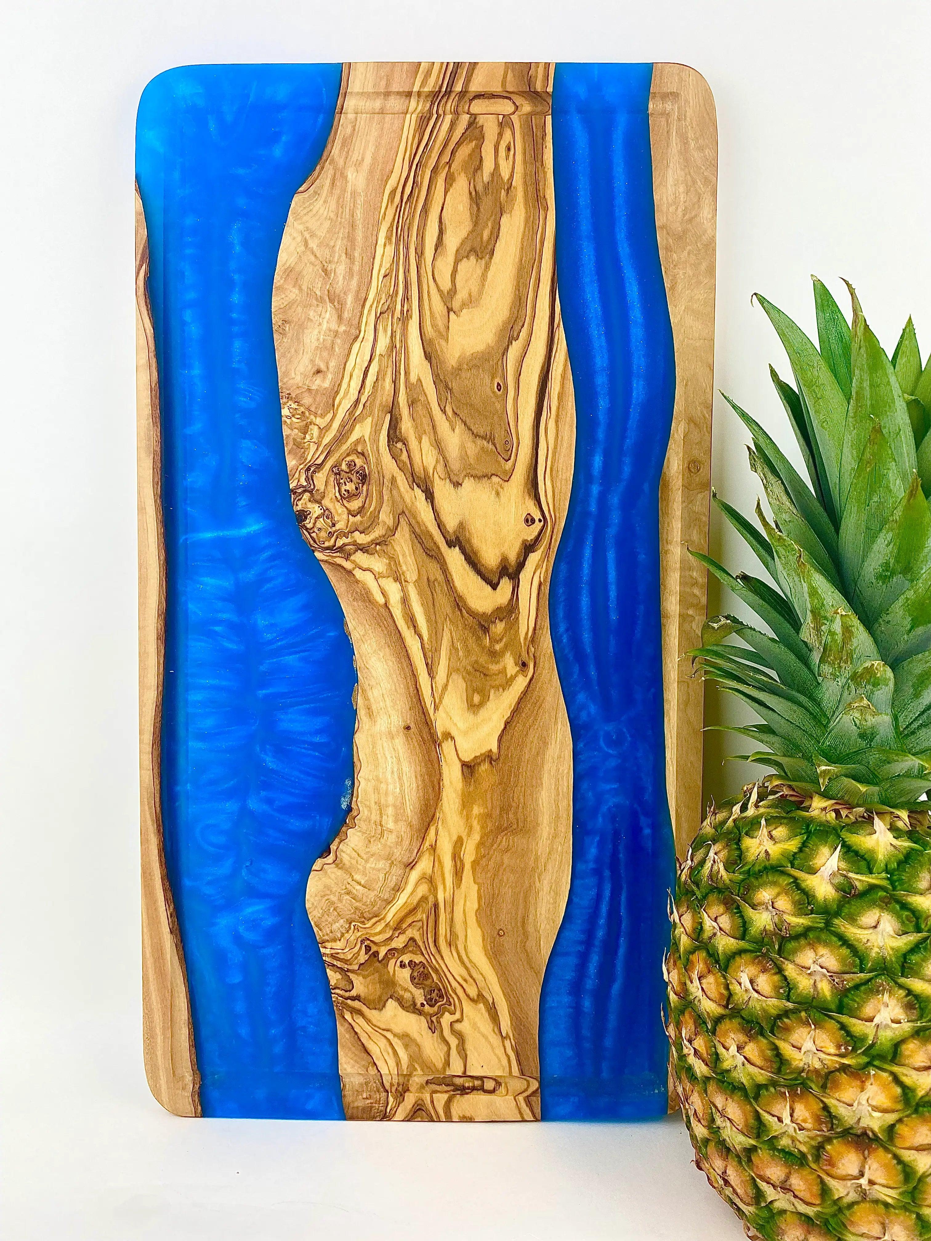 Craft Olive Wood Serving Board With Blue Resin Meat N Bone